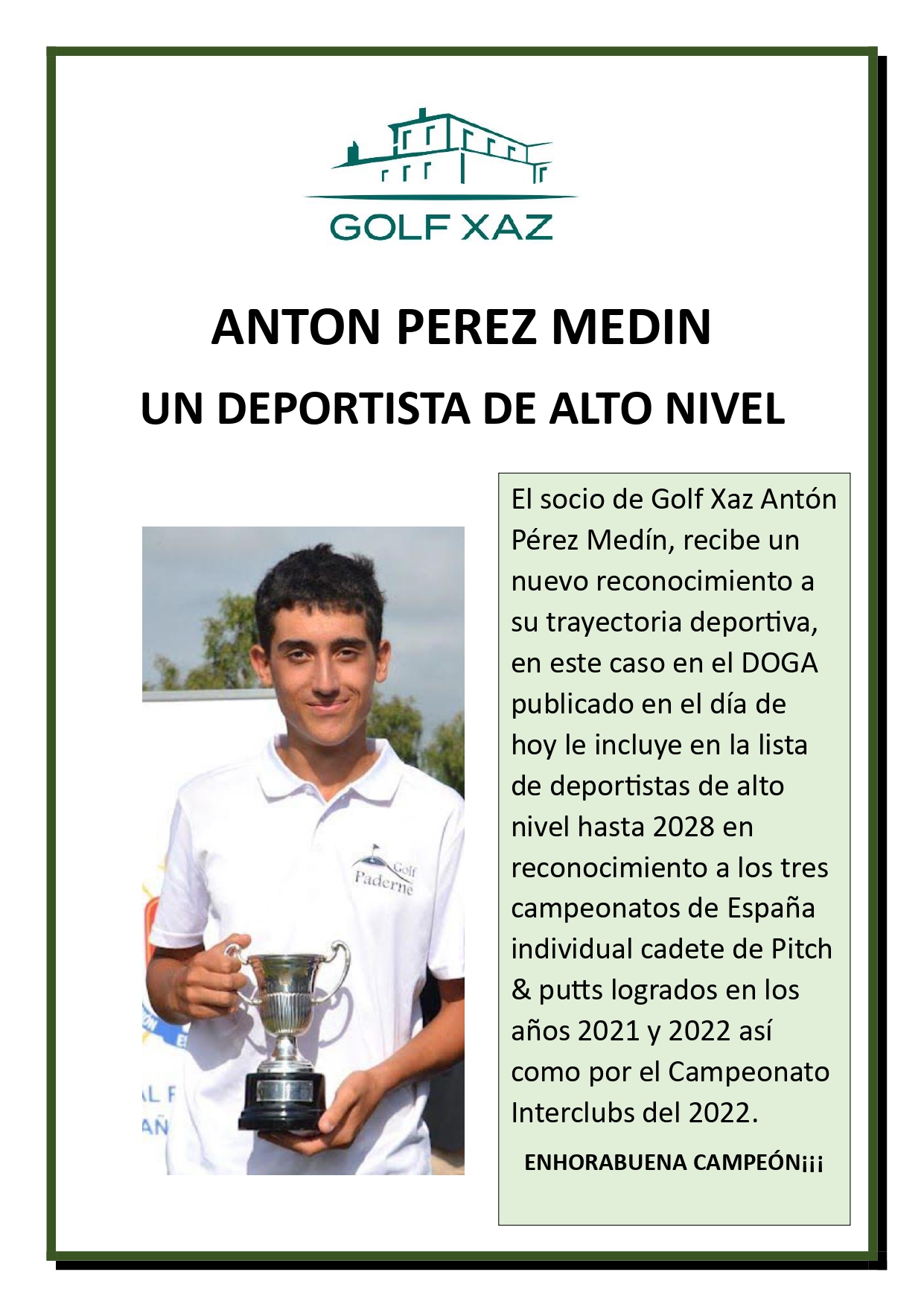 Antón Pérez Medin "un deportista de alto nivel" - Golf Xaz